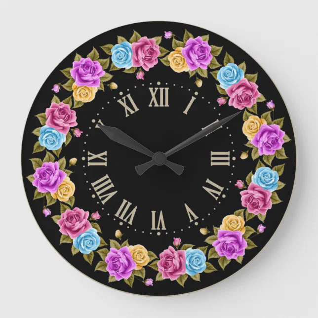 Shabby Chic French Vintage Black Colorful Roses Large Clock | Zazzle