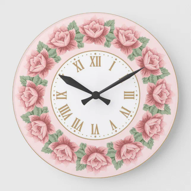 Shabby Chic French Vintage Dusty Rose Floral Large Clock | Zazzle