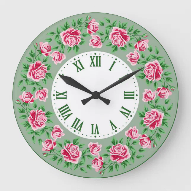 Shabby Chic French Vintage Green Red Roses Large Clock | Zazzle