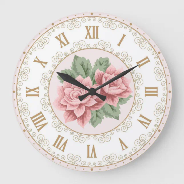 Shabby Chic French Vintage Rose Gold Pink Rose Large Clock | Zazzle