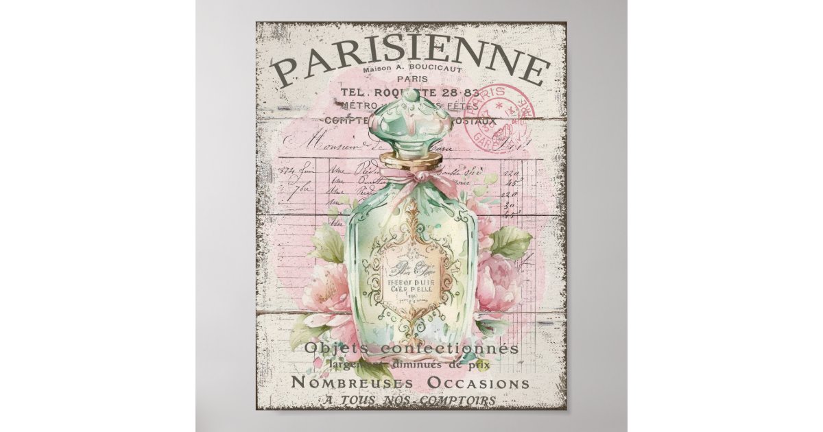 Shabby Chic Perfume Bottle French Script Poster | Zazzle