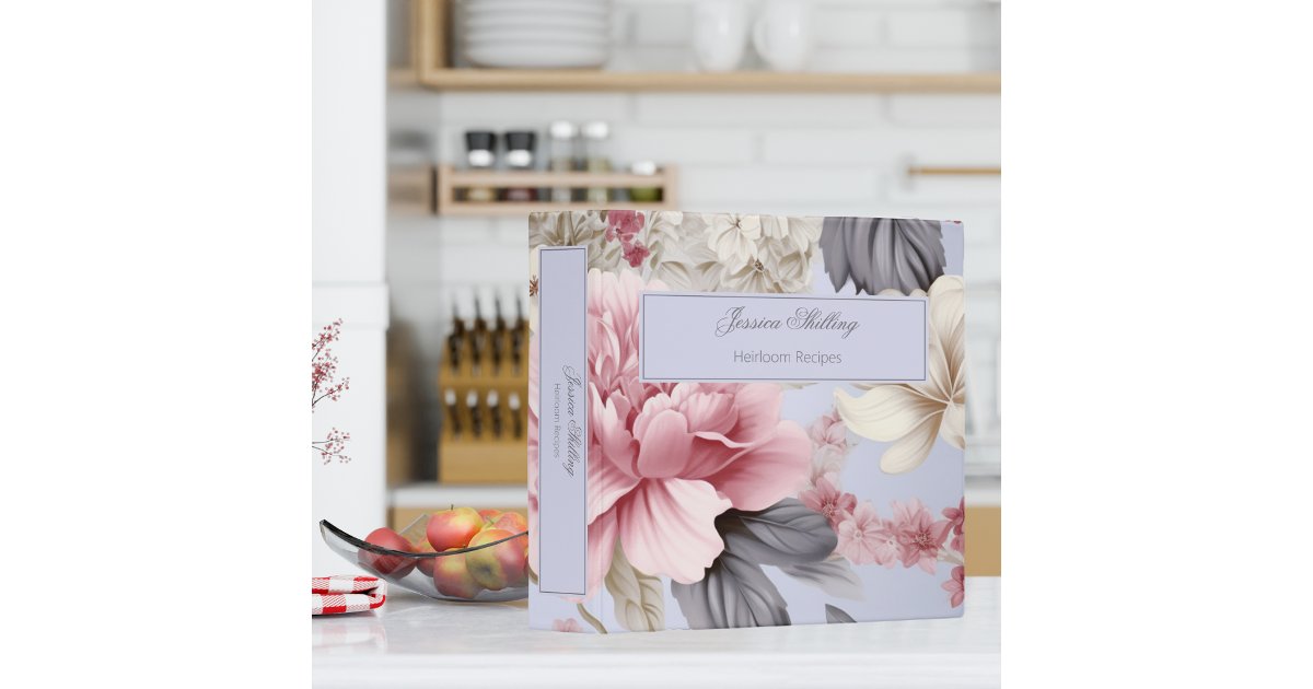 Shabby Chic Peri & Pink Floral Family Recipes 3 Ring Binder | Zazzle