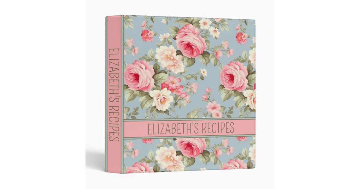 Shabby Chic Pink and Blue Cottage Roses Recipe 3 Ring Binder | Zazzle