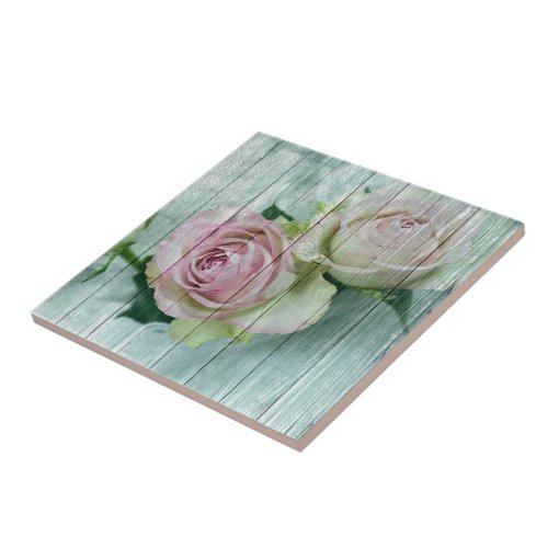 Shabby Chic Pink Roses On Blue Wood Ceramic Tile | Zazzle