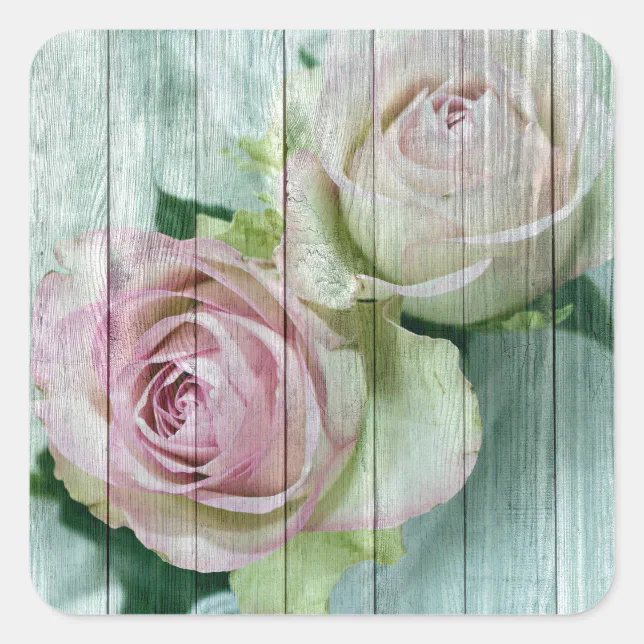 Shabby Chic Pink Roses On Blue Wood Square Sticker | Zazzle