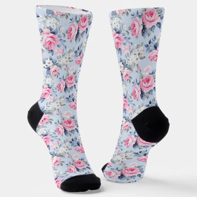 Shabby Chic Pink Roses White Flowers Pattern Socks | Zazzle