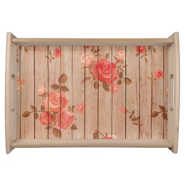 shabby chic rose and wood serving tray | Zazzle