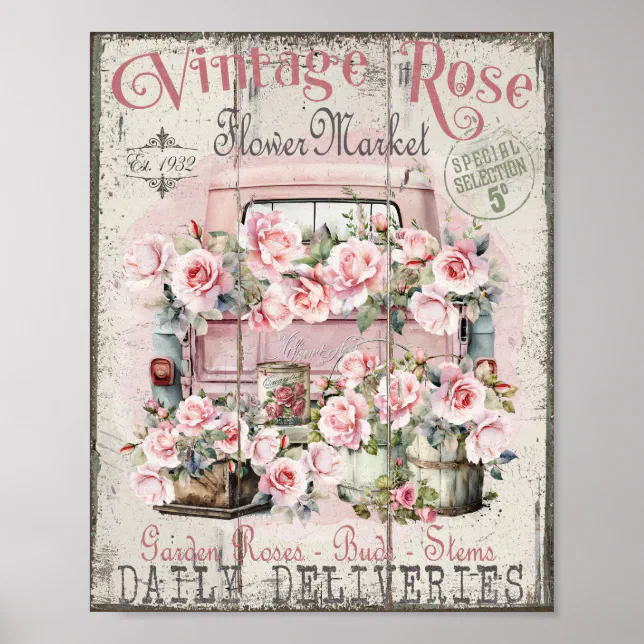 Shabby Chic Roses Pick Up Flower Market Poster | Zazzle