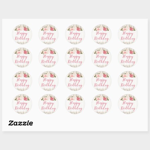Shabby Chic Roses Rustic Wood Happy Birthday Classic Round Sticker | Zazzle
