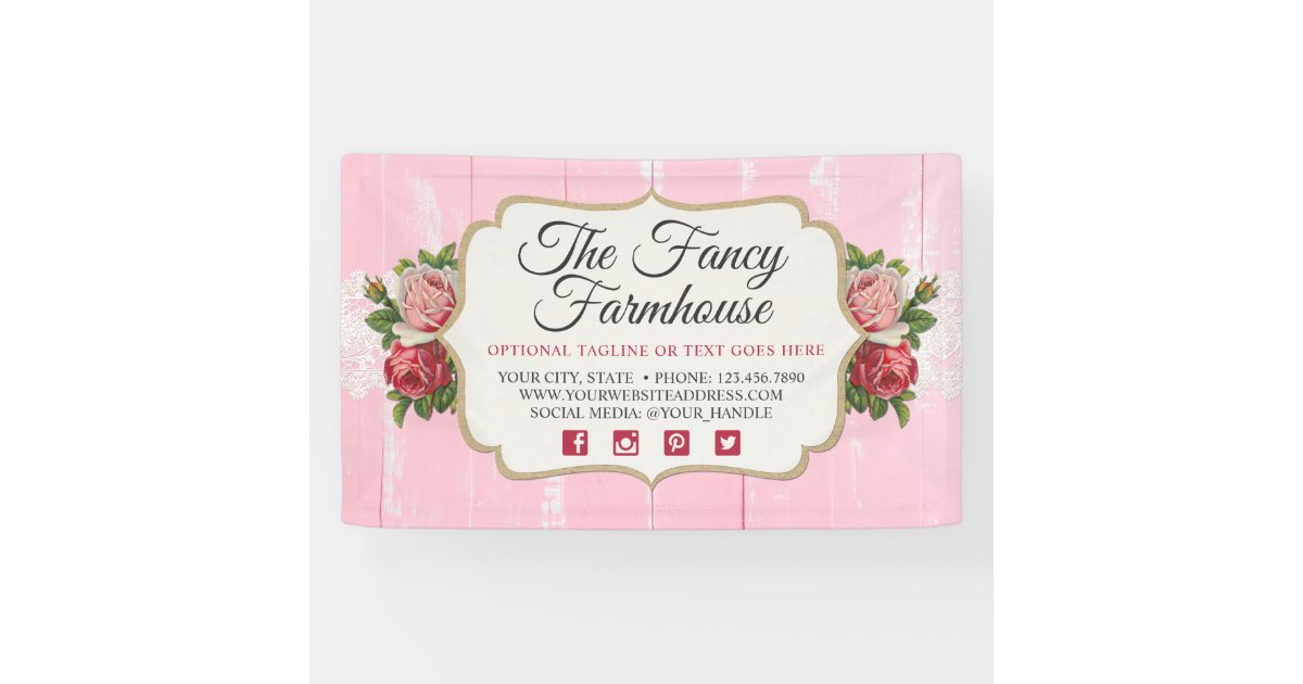 Shabby Chic Rustic Wood Pink Floral Vintage Roses Banner | Zazzle
