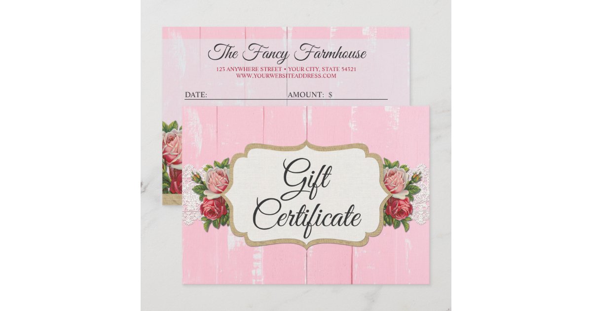 Shabby Chic Rustic Wood Pink Gift Certificate Card | Zazzle
