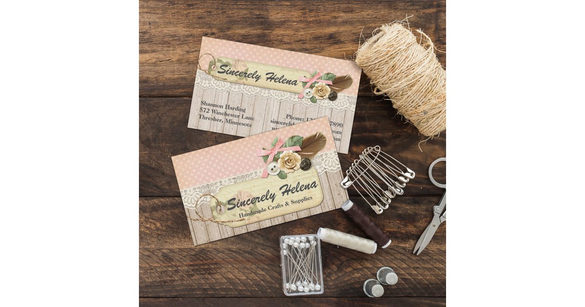 Shabby Chic Rustic Wood, Vintage Lace & Feather Business Card | Zazzle