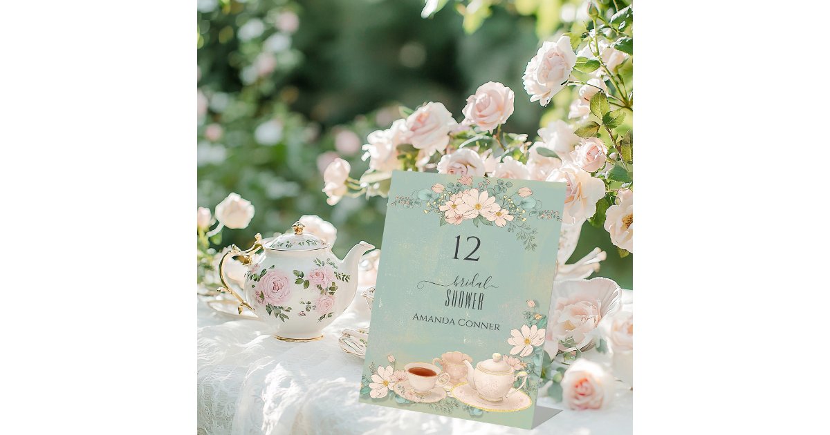 Shabby chic Tea Party Bridal Shower Table Number | Zazzle