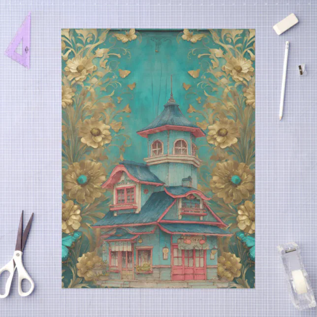 Shabby Chic Teal Floral Pagoda Craft Tissue Paper | Zazzle