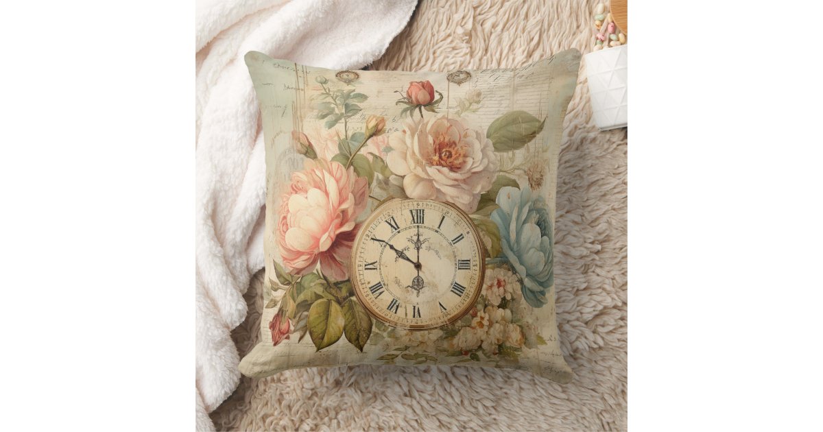 Shabby Chic Vintage Blush Blue Roses Floral Clock Throw Pillow | Zazzle