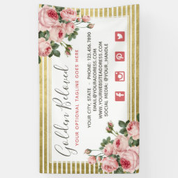 Shabby Chic Vintage Roses & Modern Gold Stripes Banner | Zazzle