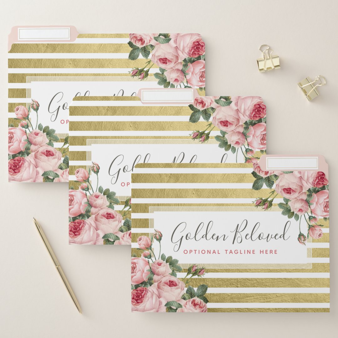 Shabby Chic Vintage Roses & Modern Gold Stripes File Folder | Zazzle