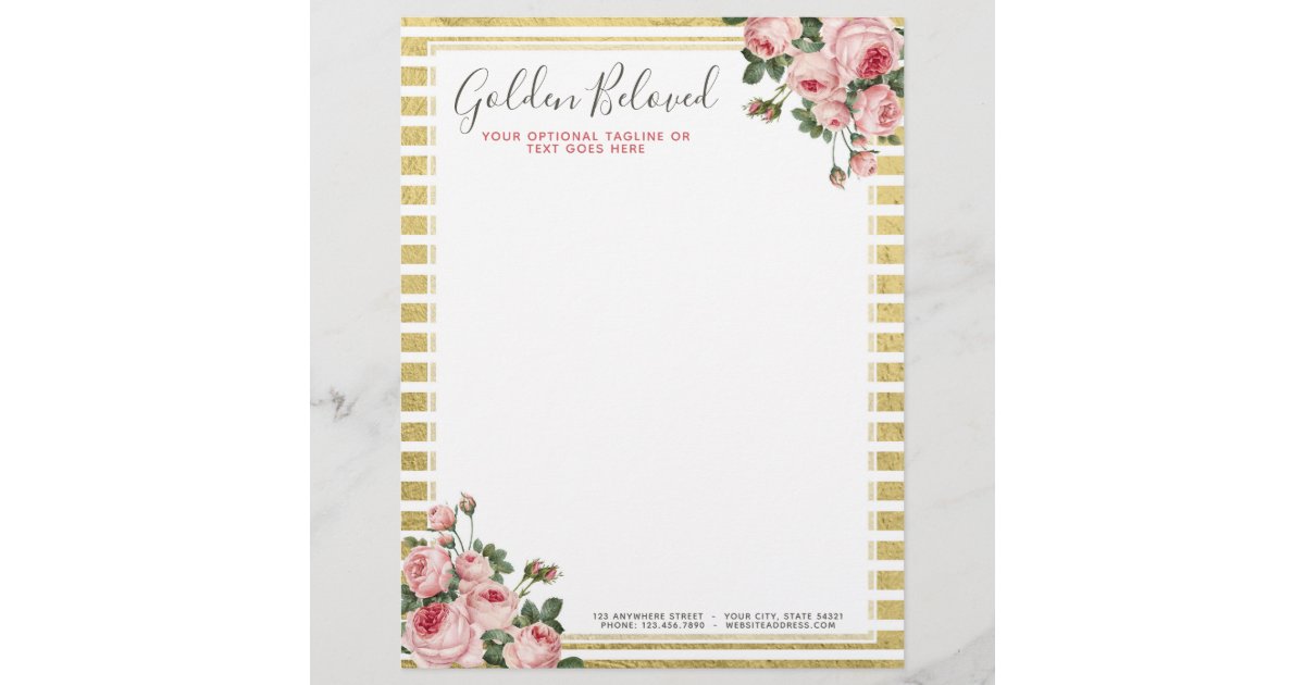 Shabby Chic Vintage Roses & Modern Gold Stripes Letterhead | Zazzle