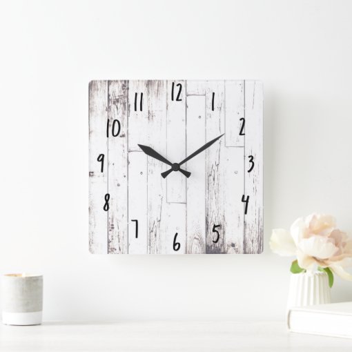 Shabby Chic White Wood Rustic Farmhouse Barn Square Wall Clock | Zazzle