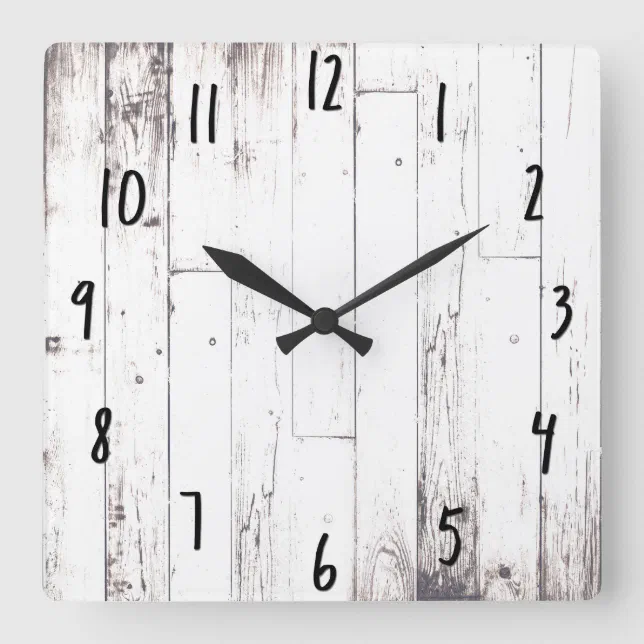 Shabby Chic White Wood Rustic Farmhouse Barn Square Wall Clock | Zazzle