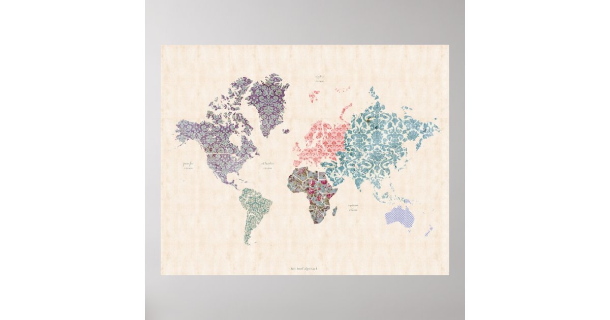 Shabby Chic World Travel Map Poster | Zazzle