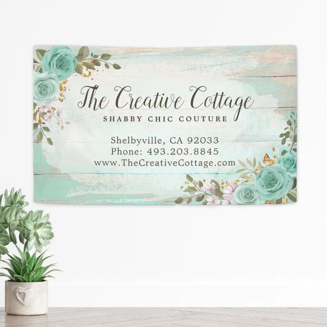 Shabby Cottage Chic Turquoise Floral Rustic Wood Banner | Zazzle
