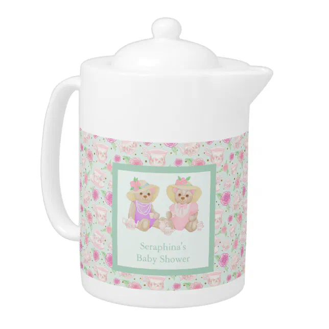 Shabby Mint Teddy Bear Tea Party Baby Shower Teapot | Zazzle