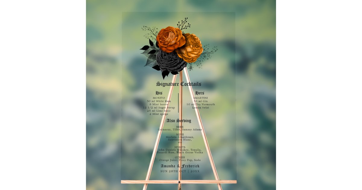 Shabby Orange and Black Gothic Signature Cocktails Acrylic Sign | Zazzle