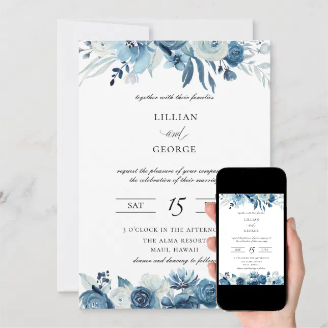 Shades of Blue Floral Wedding Invitation | Zazzle