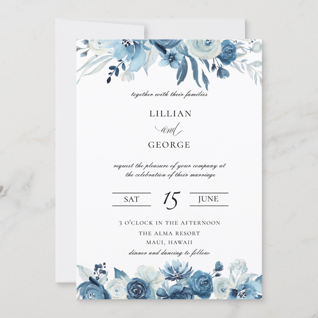 Shades of Blue Floral Wedding Invitation | Zazzle