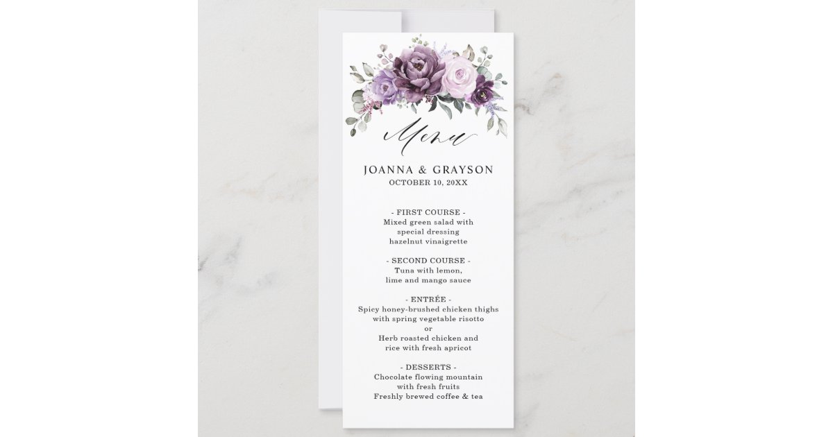 Shades of Dusty Purple Blooms Floral Menu Card | Zazzle