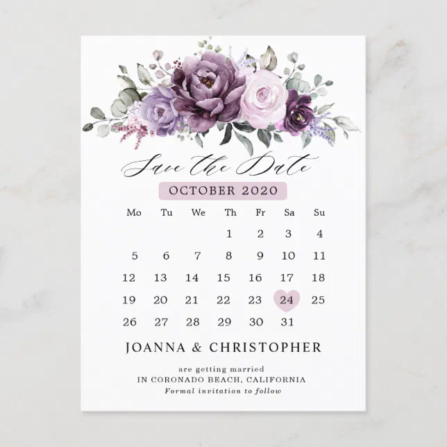 Shades of Dusty Purple Calendar Save the date Postcard | Zazzle