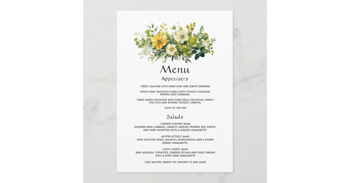 Shades of Green Floral Wedding Menu | Zazzle