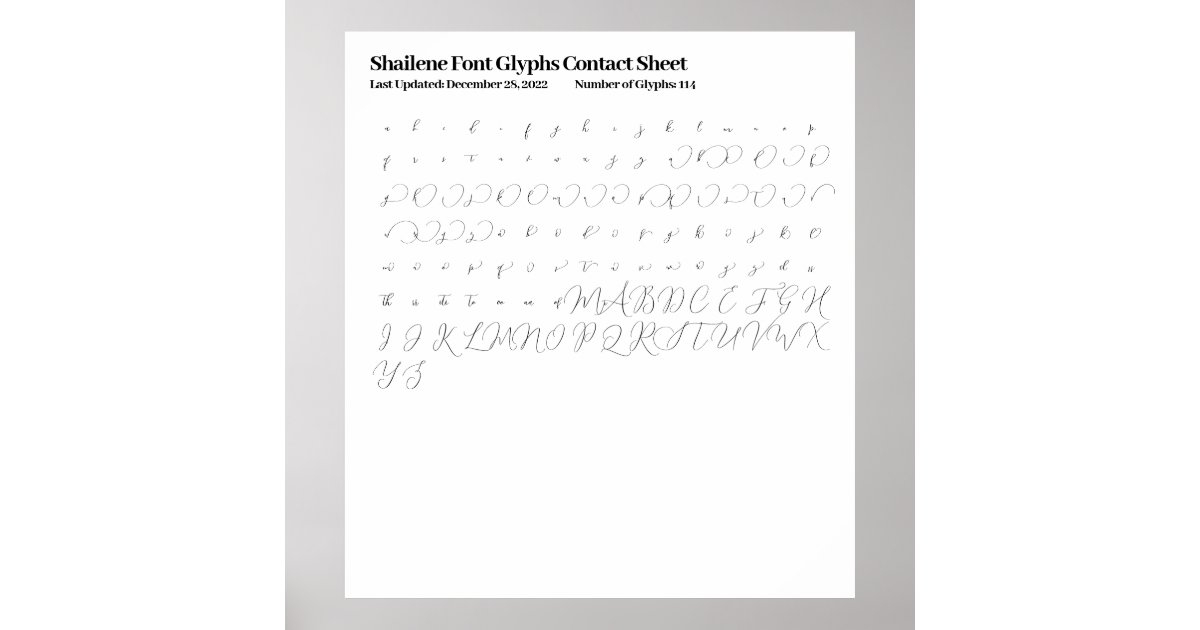 Shailene Font Glyphs Contact Sheet Poster | Zazzle