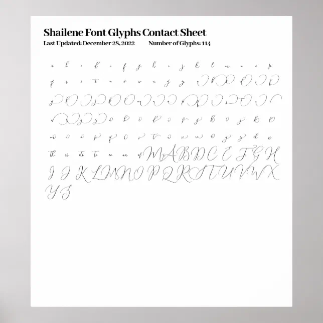 Shailene Font Glyphs Contact Sheet Poster | Zazzle