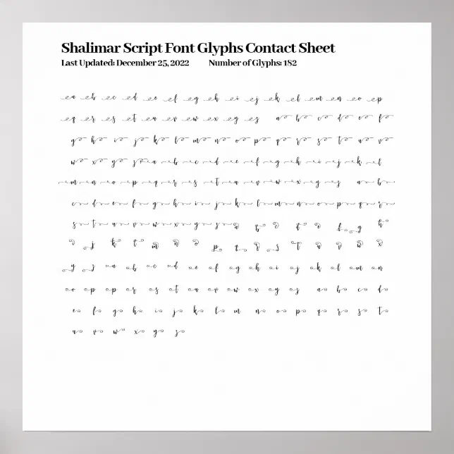 Shalimar Script Font Glyphs Contact Sheet Poster | Zazzle