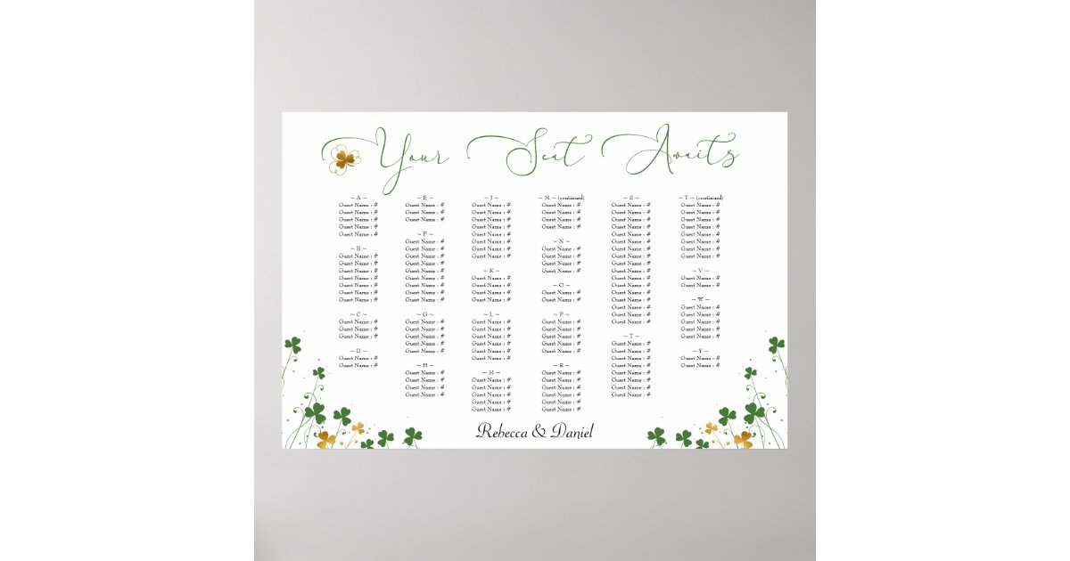 Shamrock Calligraphy Irish Wedding Seating Plan Poster | Zazzle