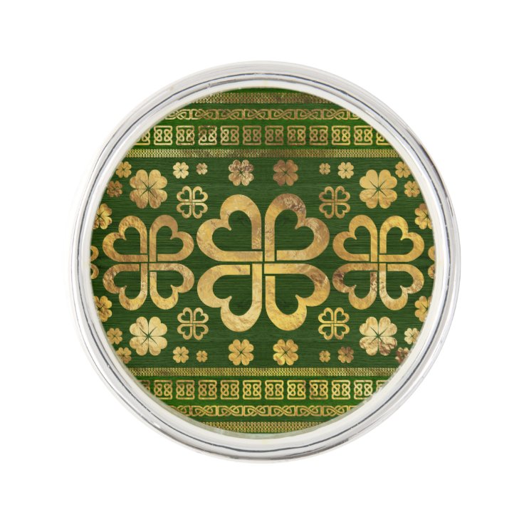 Shamrock Four-leaf Clover Green Wood and Gold Lapel Pin | Zazzle