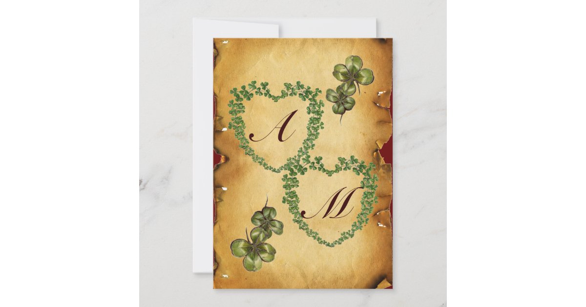 SHAMROCK HEARTS MONOGRAM PARCHMENT ANNOUNCEMENT | Zazzle