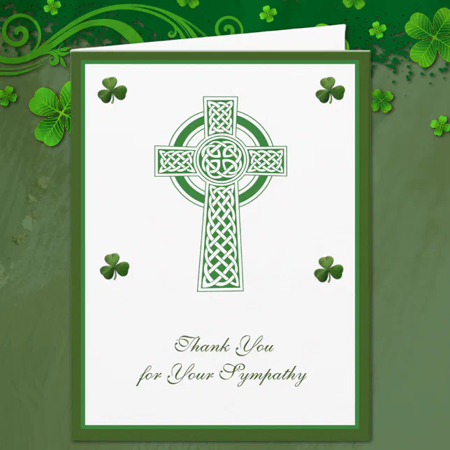 Shamrocks Catholic Irish Celtic Cross Condolence Thank You Card | Zazzle