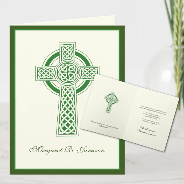 Shamrocks Catholic Irish Celtic Cross Condolence Thank You Card | Zazzle