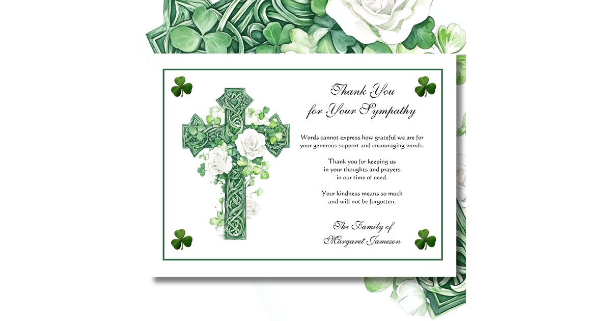 Shamrocks Irish Celtic Cross Roses Condolence Thank You Card | Zazzle