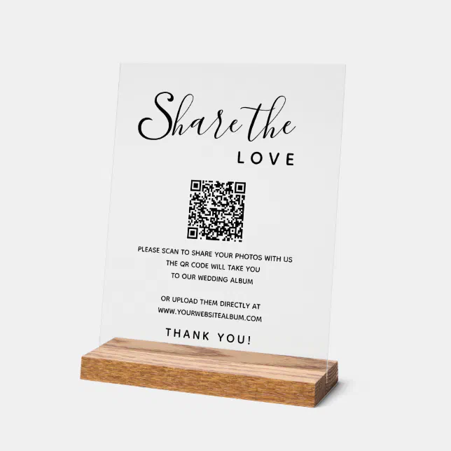 Share Love Wedding Photos Digital Album QR Code Acrylic Sign | Zazzle