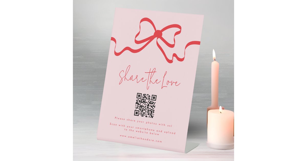Share the Love Red Bow Wedding Photo Share QR Code Pedestal Sign | Zazzle