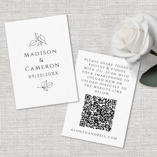 Share Wedding Photos Scan QR Code Black Leaves Enclosure Card | Zazzle