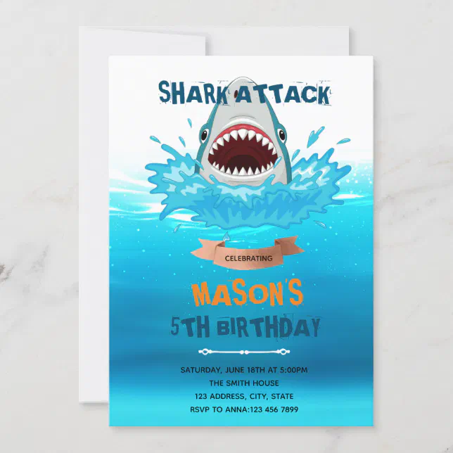 Shark attack pool birthday party invitation | Zazzle