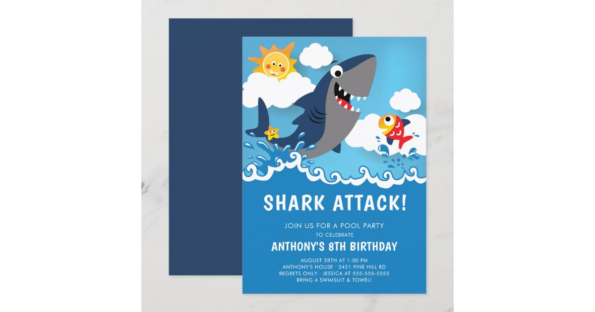 Shark Attack Pool Party Birthday Invitation | Zazzle