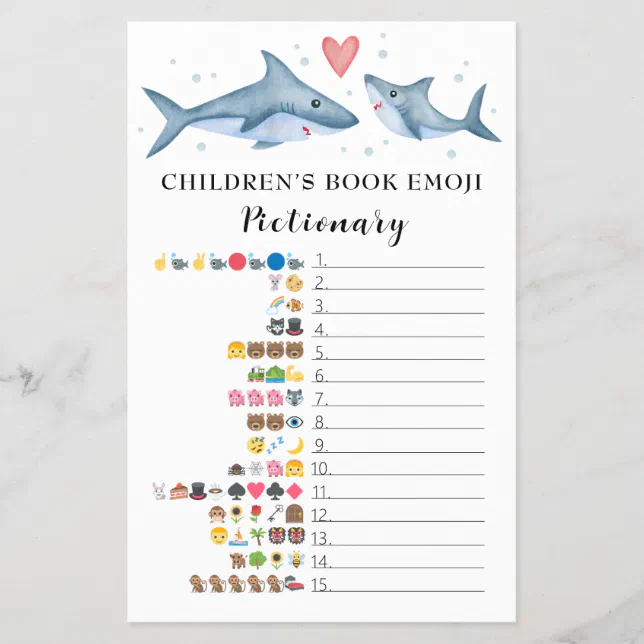 Shark Baby Shower Children's Book Emoji Pictionary Flyer | Zazzle