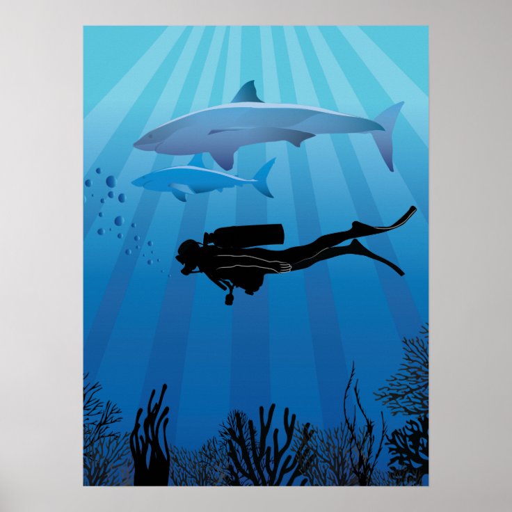 Shark Diving Scuba Diver Poster | Zazzle