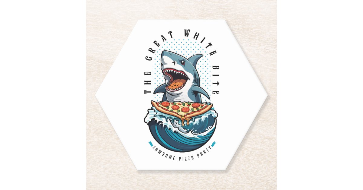 Shark Eating Pizza | The Great White Bite Jawsome Paper Coaster | Zazzle